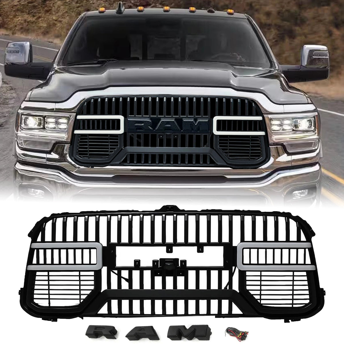 Front Bumper Grille for 2020-2024 Ram 2500/3500 Grill, with C-Shape Li ...